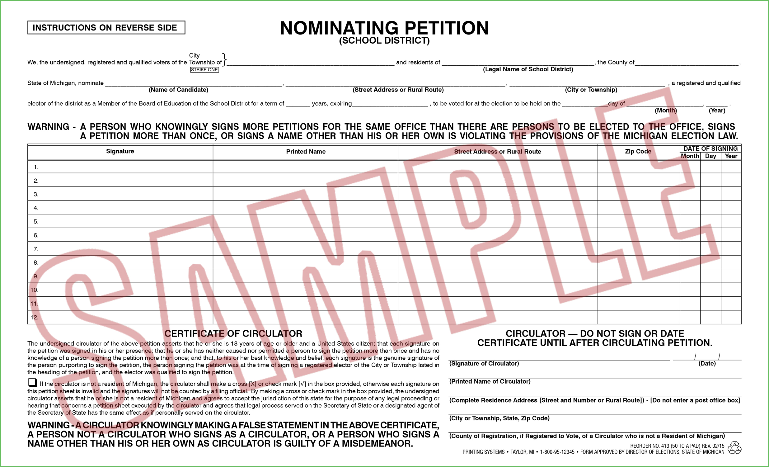 Printing Systems · 413 Nominating Petition (School District) (50 per pad) Rev. 02/15